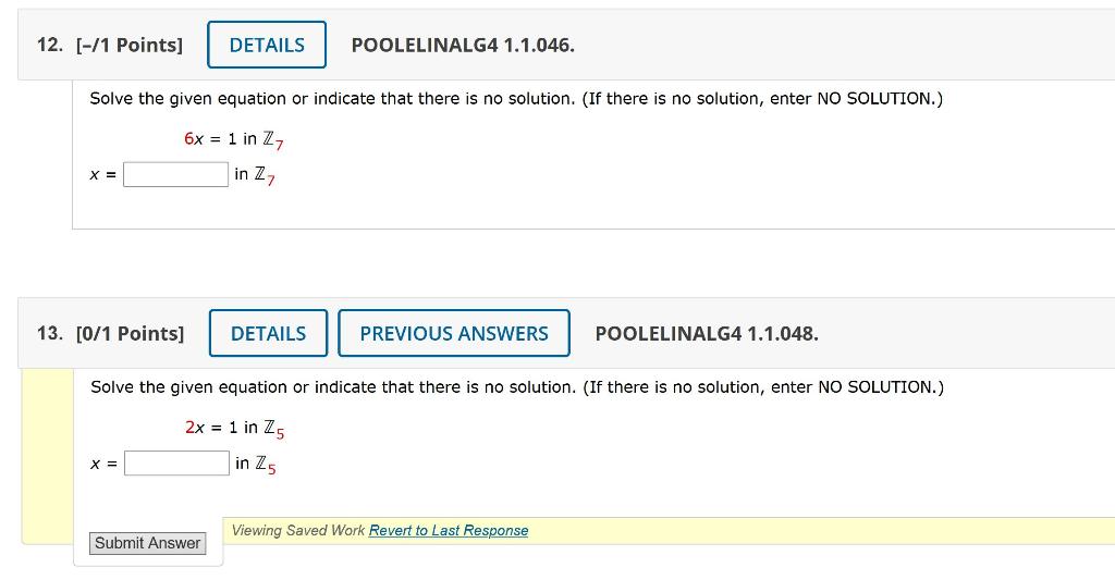 Solved 12. [-/1 Points] DETAILS POOLELINALG4 1.1.046. Solve | Chegg.com