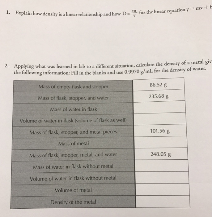 Solved 1. Explain how density is a linear relationship and | Chegg.com