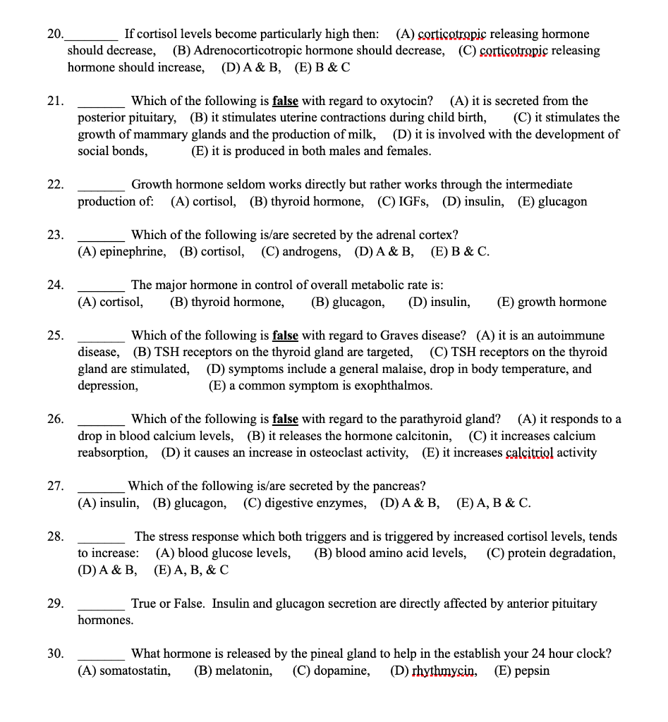 Solved 20. If cortisol levels become particularly high then: | Chegg.com