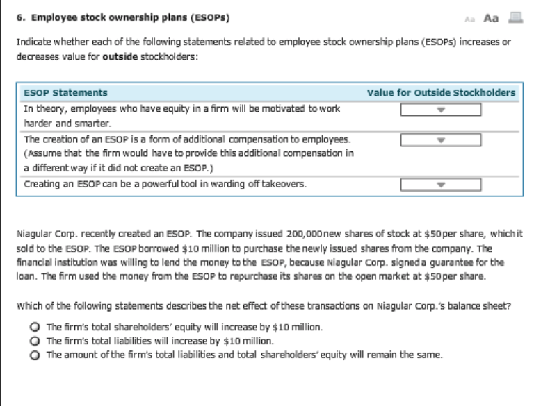 Solved 6. Employee stock ownership plans (ESOPs) Indicate | Chegg.com