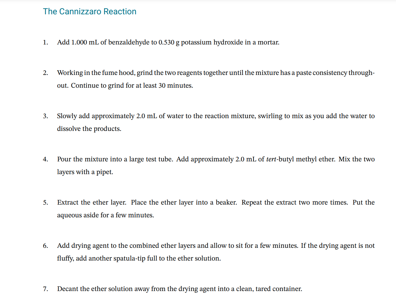 Solved The Cannizzaro Reaction 1. Add 1.000 mL of | Chegg.com