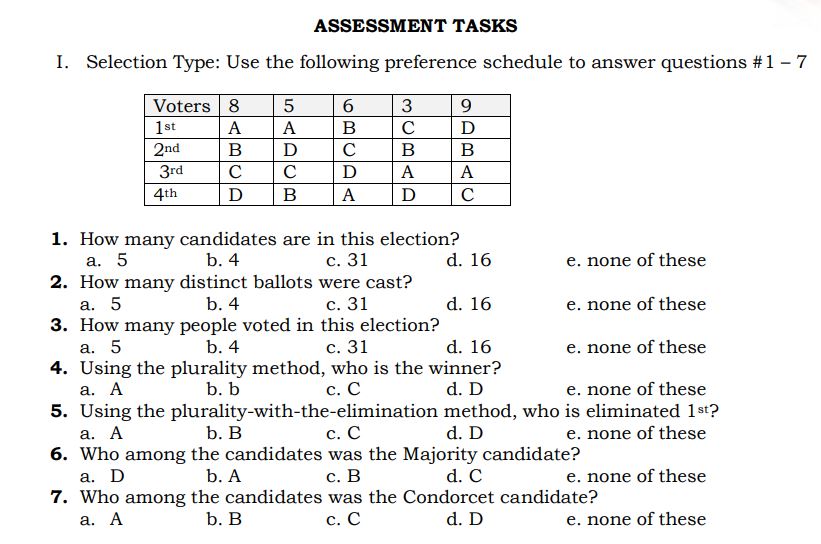 Solved ASSESSMENT TASKS I. Selection Type: Use the following | Chegg.com