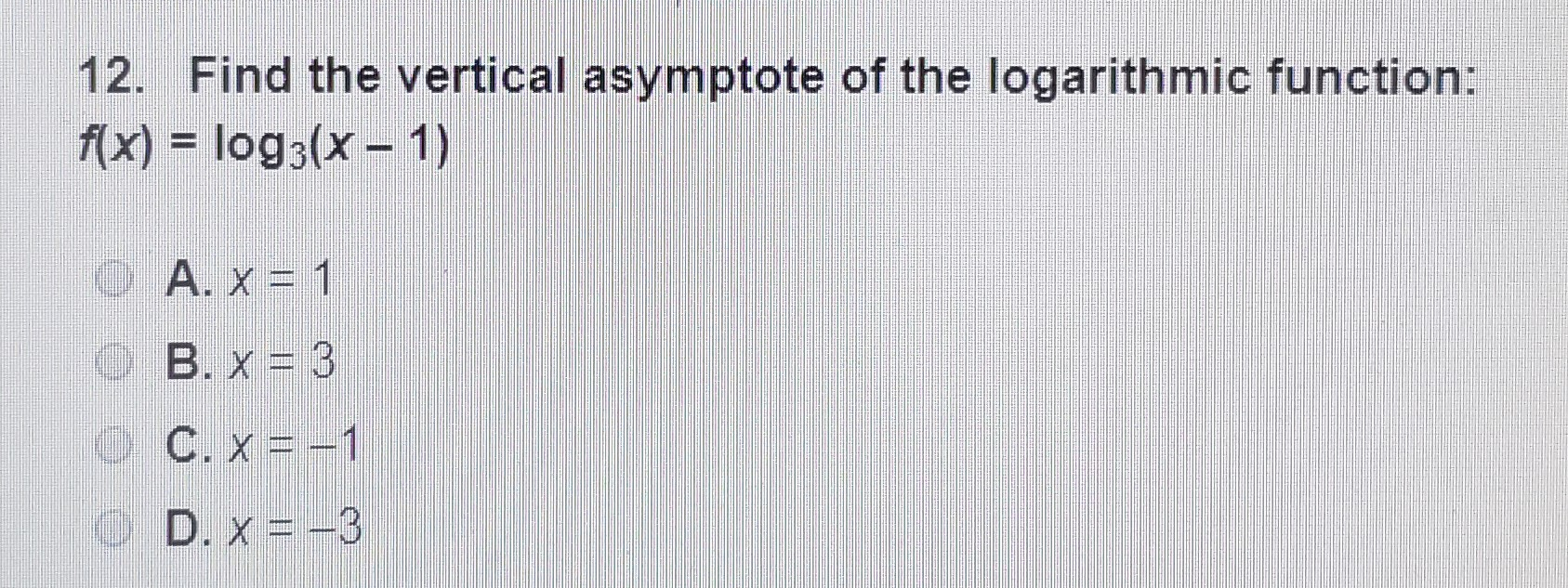 Solved 12. Find the vertical asymptote of the logarithmic | Chegg.com