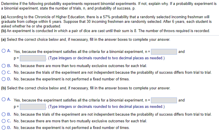 Solved Determine if the following probability experiments | Chegg.com