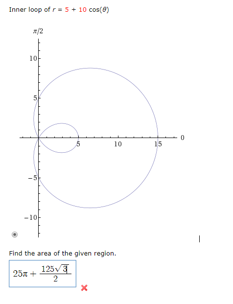 Solved Inner loop of r = 5 10 cos(e) л/2 10 0 5 10 -10 Find | Chegg.com