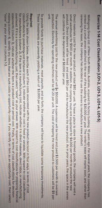 Solved Exercise 1-14 Cost Classification [LO1-2, LO1-3, | Chegg.com