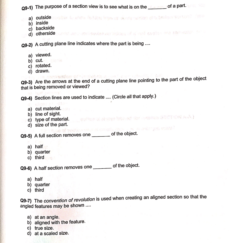 Solved Q9-1) The purpose of a section view is to see what is | Chegg.com