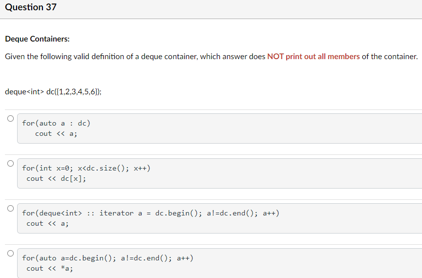 Solved Question 37 Deque Containers: Given the following | Chegg.com