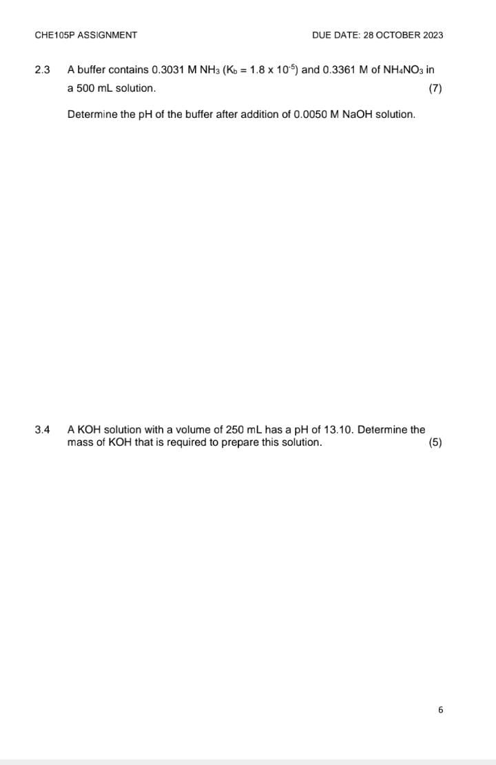 Solved CHE105P ASSIGNMENTDUE DATE: 28 ﻿OCTOBER 2023 ﻿a 500mL | Chegg.com