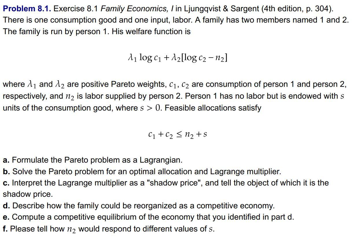 Problem 8.1. Exercise 8.1 Family Economics, I in | Chegg.com