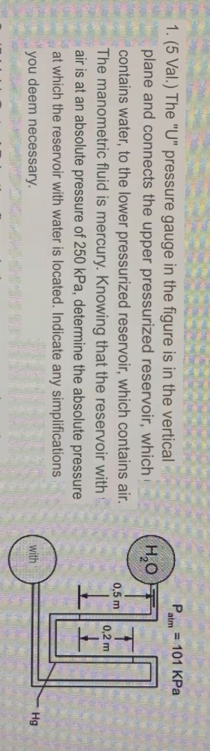 Solved 1. (5 ﻿Val.) ﻿The "U" ﻿pressure gauge in the figure | Chegg.com