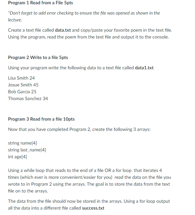 Solved Program 1 Read from a File 5pts "Don't forget to add | Chegg.com