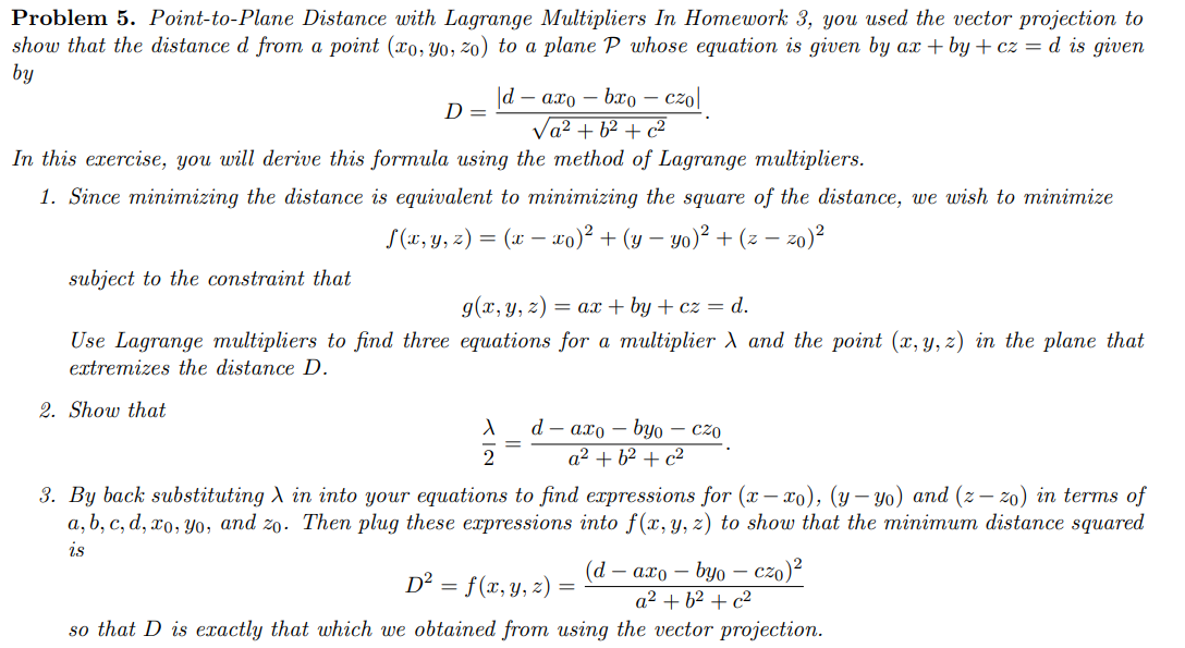 Problem 5. Point-to-Plane Distance with Lagrange | Chegg.com