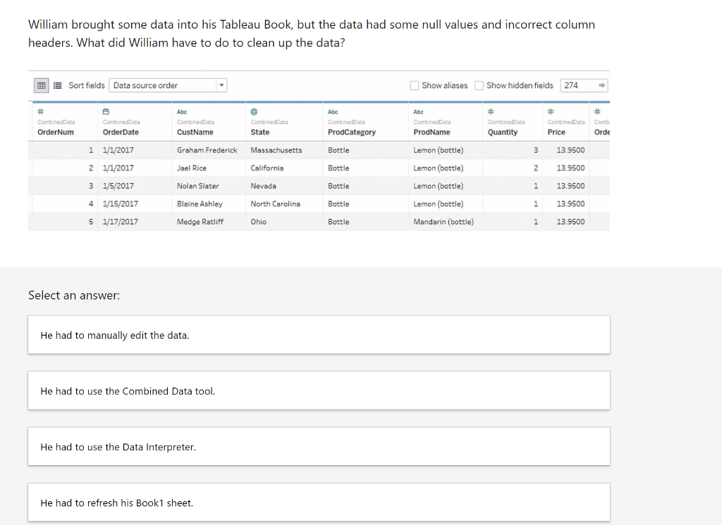 Solved William brought some data into his Tableau Book, but | Chegg.com