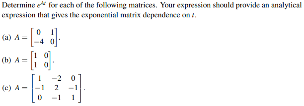 Solved Determine e^(At) ﻿for each of the following matrices. | Chegg.com