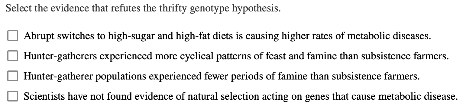 Solved Select the evidence that refutes the thrifty genotype | Chegg.com