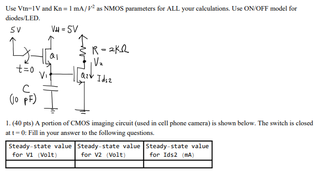Solved Use Vtn=1V and Kn= 1 mA/V2 as NMOS parameters for ALL | Chegg.com