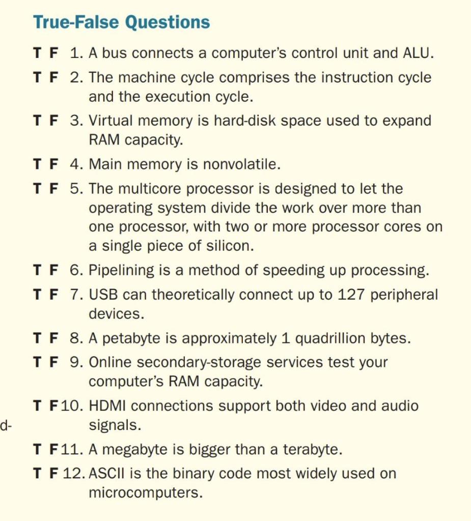 Solved True-False Questions TF 1. A bus connects a | Chegg.com