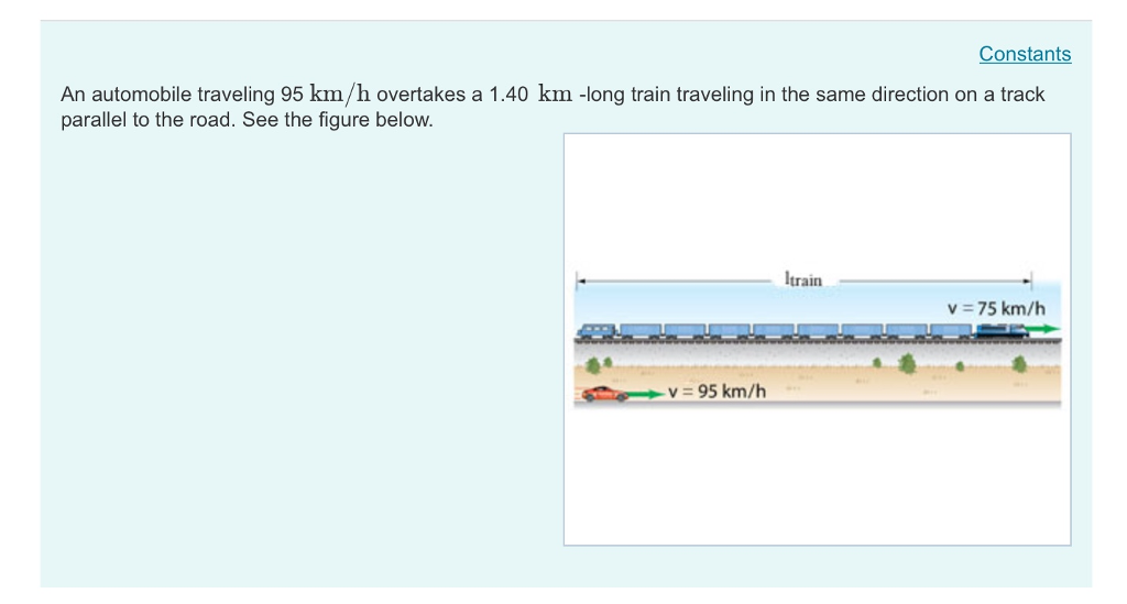 Solved Constants An automobile traveling 95 km/h overtakes a | Chegg.com