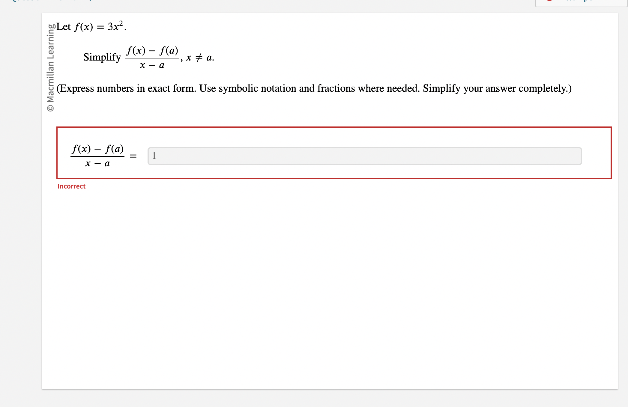 Solved Let f(x)=3x2. Simplify x−af(x)−f(a),x =a. (Express | Chegg.com