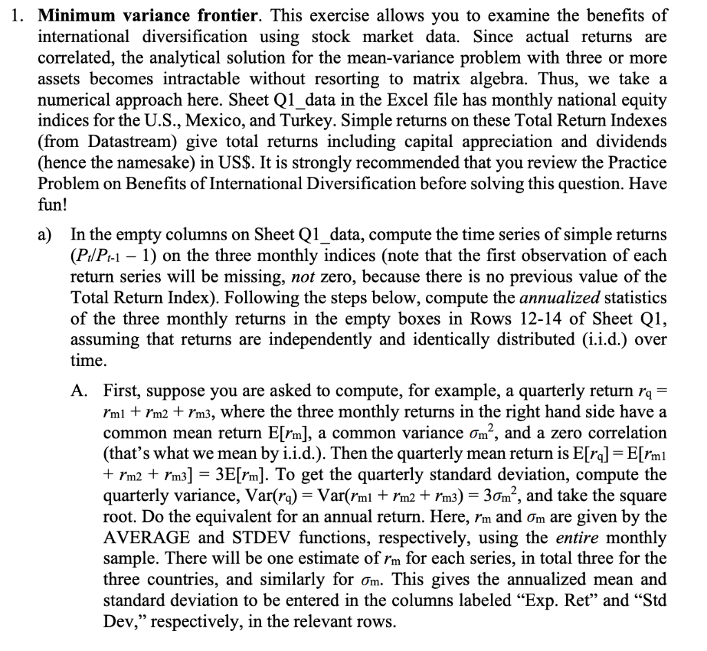 Minimum variance frontier. This exercise allows you | Chegg.com