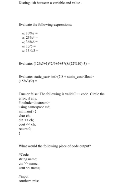 Solved Distinguish between a variable and value Evaluate the | Chegg.com