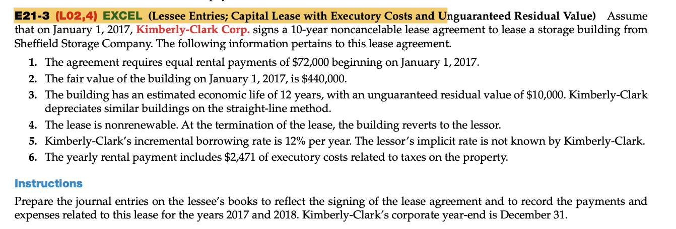 Solved E21-3 (L02,4) EXCEL (Lessee Entries; Capital Lease | Chegg.com