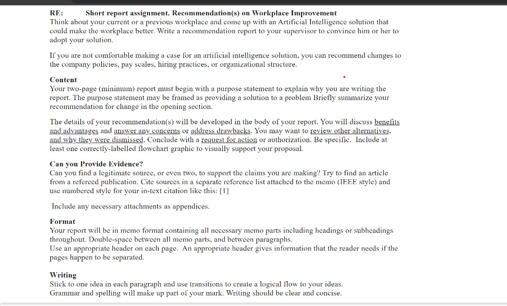 RE: Short report assignment. Recommendation(s) on | Chegg.com