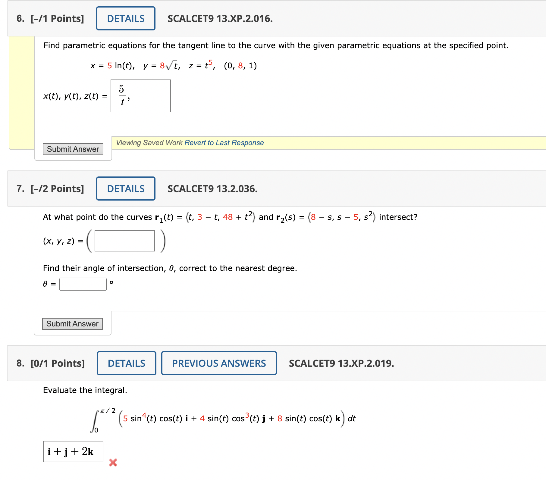Solved 6. [-/1 Points] SCALCET9 13.XP.2.016. Find parametric | Chegg.com