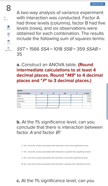 Solved A two-way analysis of variance experiment with | Chegg.com