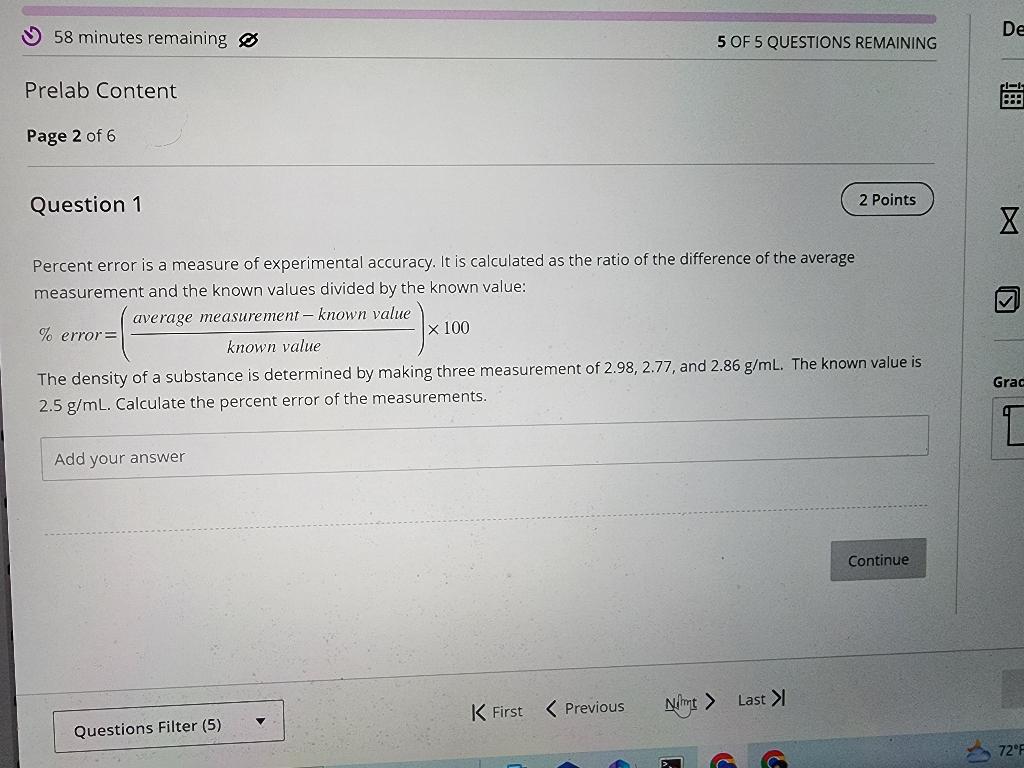 Solved Percent error is a measure of experimental accuracy. | Chegg.com