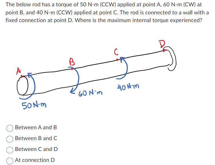 Solved The below rod has a torque of 50N-m(CCW) ﻿applied at | Chegg.com