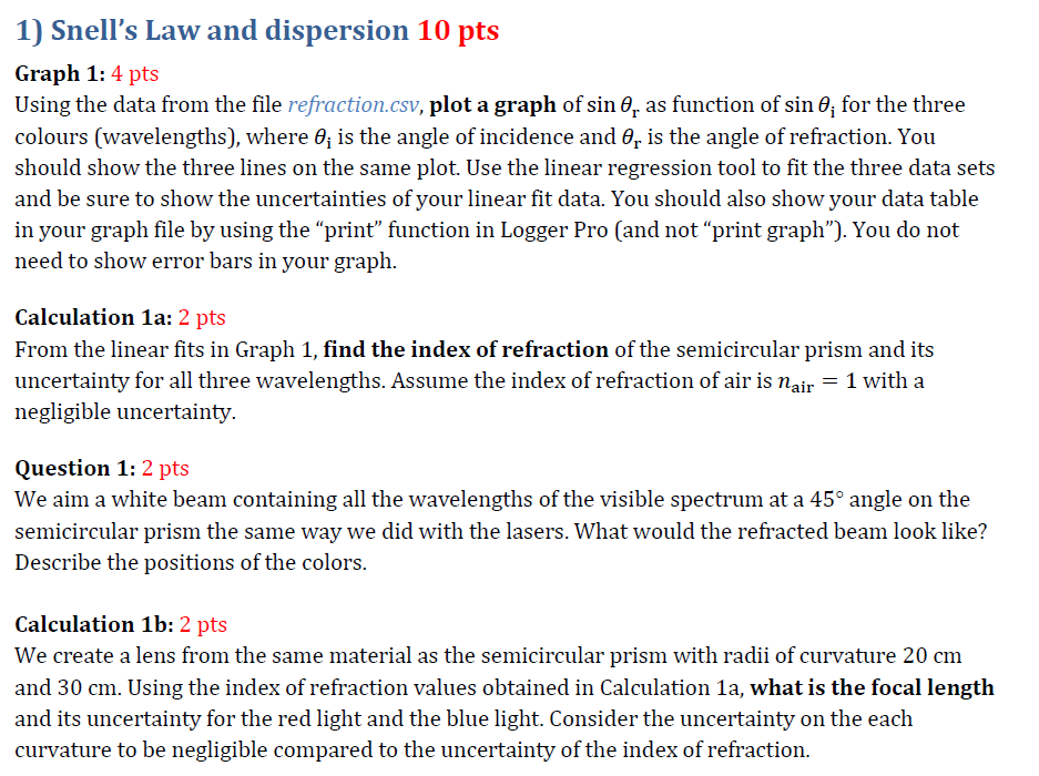 Solved A B с D incident angle (degrees) refracted angle, red | Chegg.com