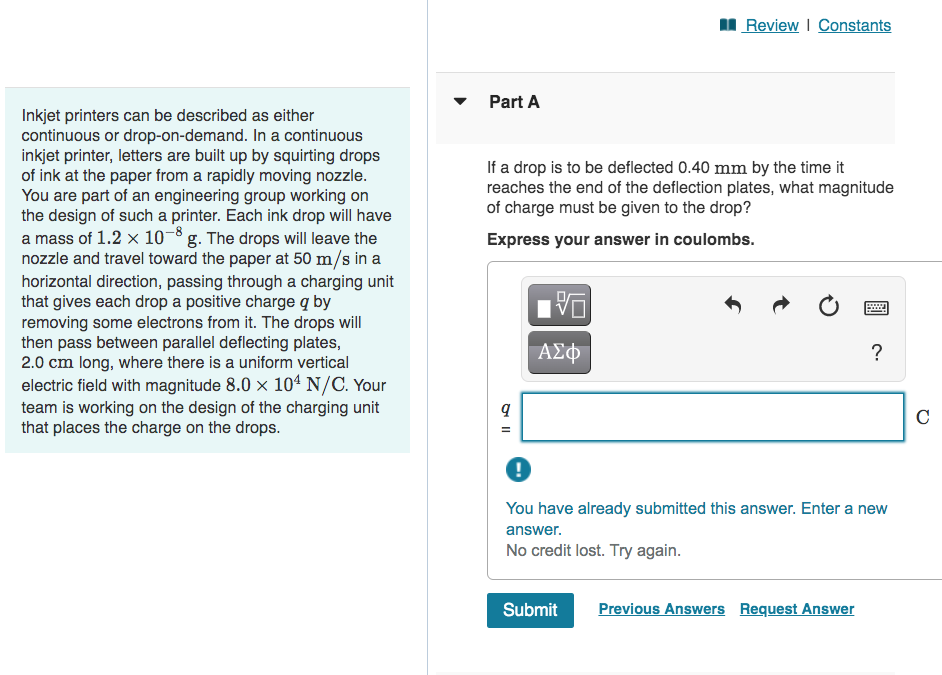 Solved Review Constants Part A If a drop is to be deflected | Chegg.com