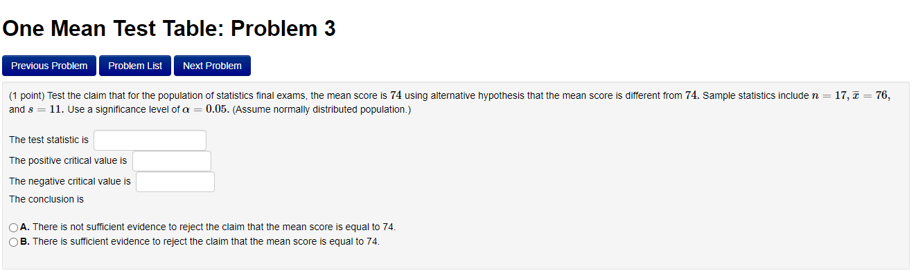 Solved One Mean Test Table: Problem 3 Previous Problem | Chegg.com