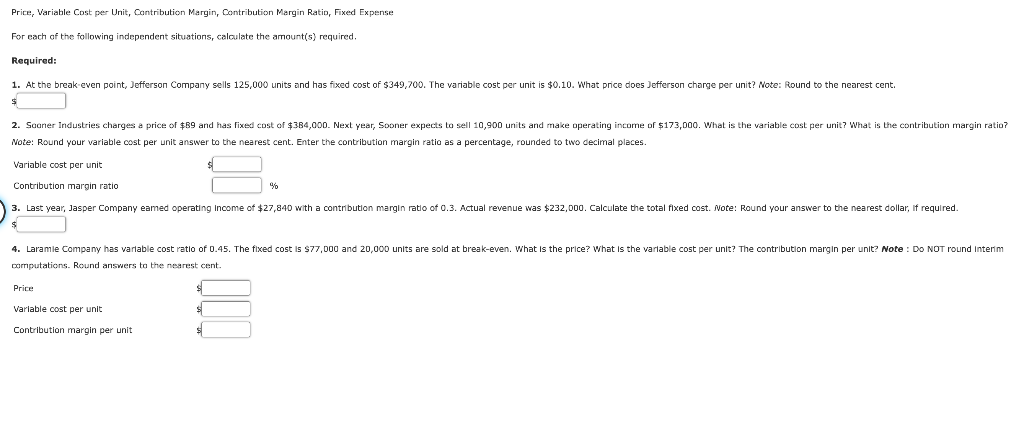Solved Price, Variable Cost per Unit, Contribution Margin, | Chegg.com