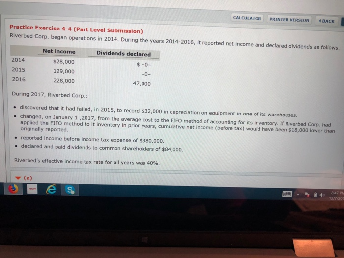 Solved CALCULATOR PRINTER VERSION BACK Practice Exercise 4-4 | Chegg.com