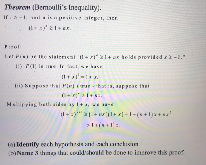 Solved Theorem (Bernoulli's Inequality). If x 2-1, and n is | Chegg.com