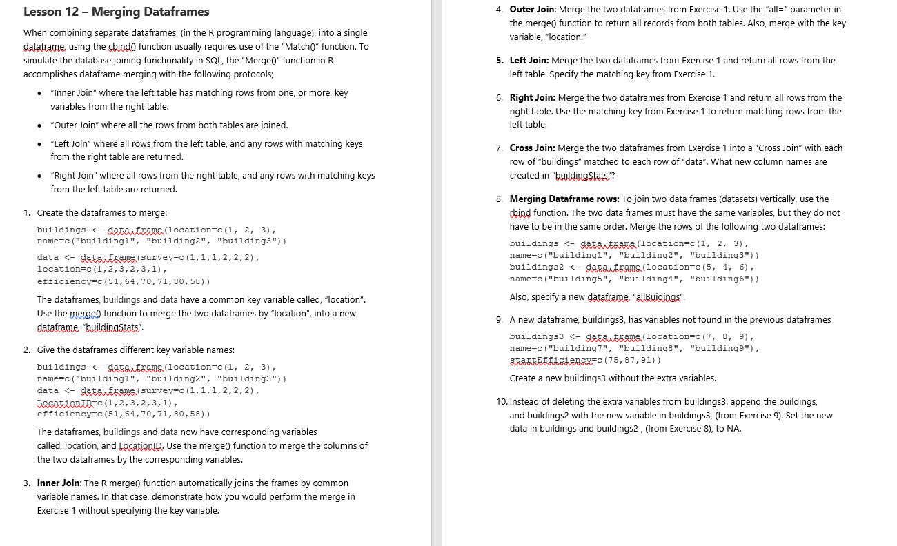 Solved 4 Outer Join Merge The Two Dataframes From Exercise