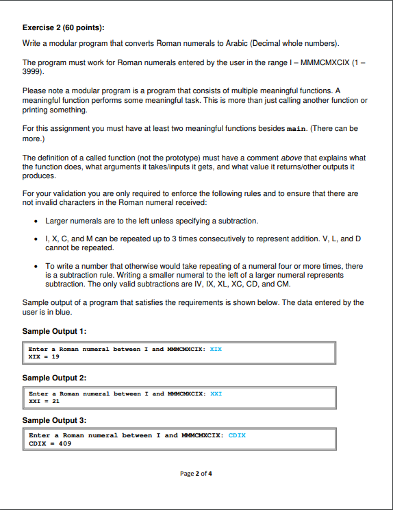 Exercise 2 60 Points Write Modular Program Converts Roman Numerals Arabic Decimal Whole Nu