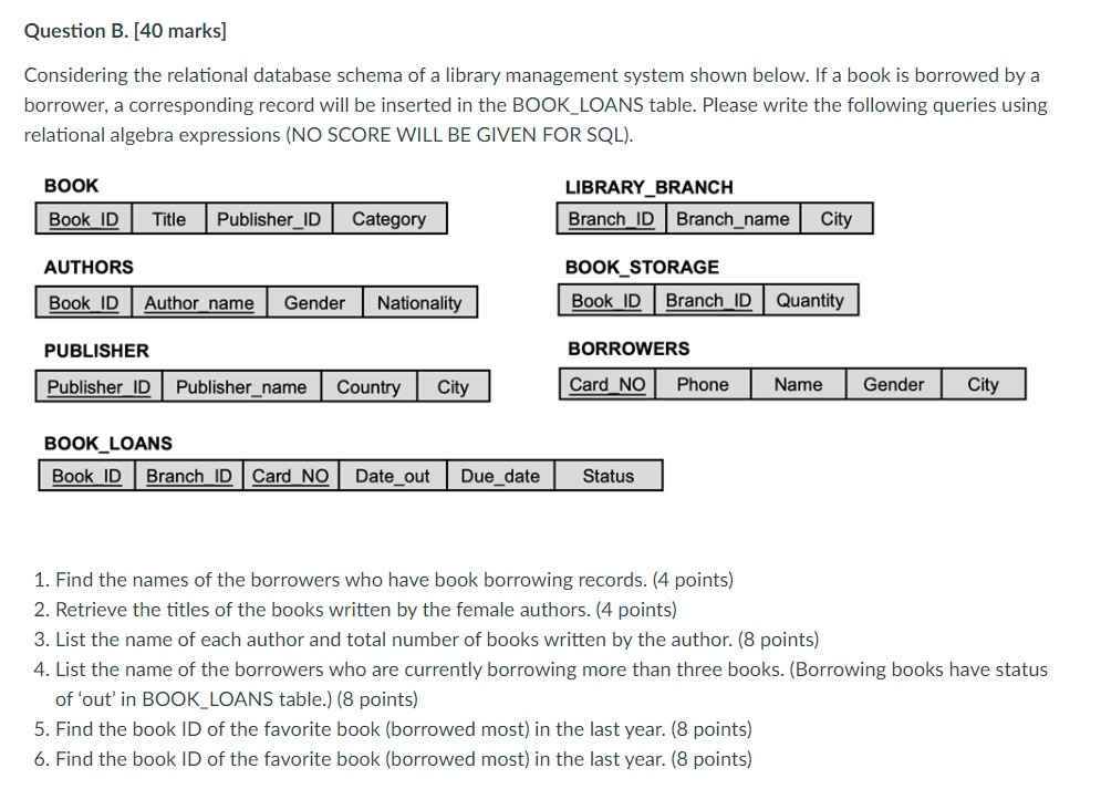 Solved Considering the relational database schema of a | Chegg.com