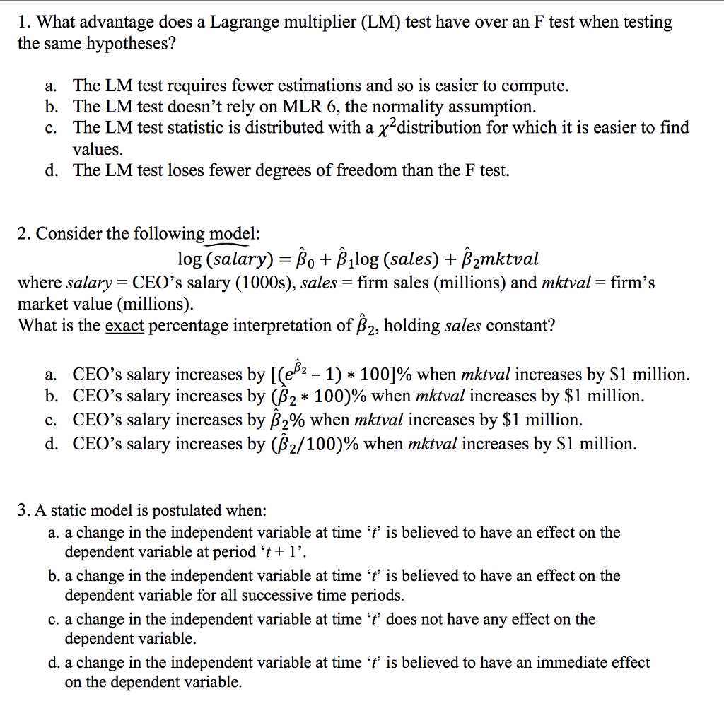 Solved 1. What advantage does a Lagrange multiplier (LM) | Chegg.com