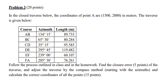 Solved Problem 3 (20 points) In the closed traverse below, | Chegg.com