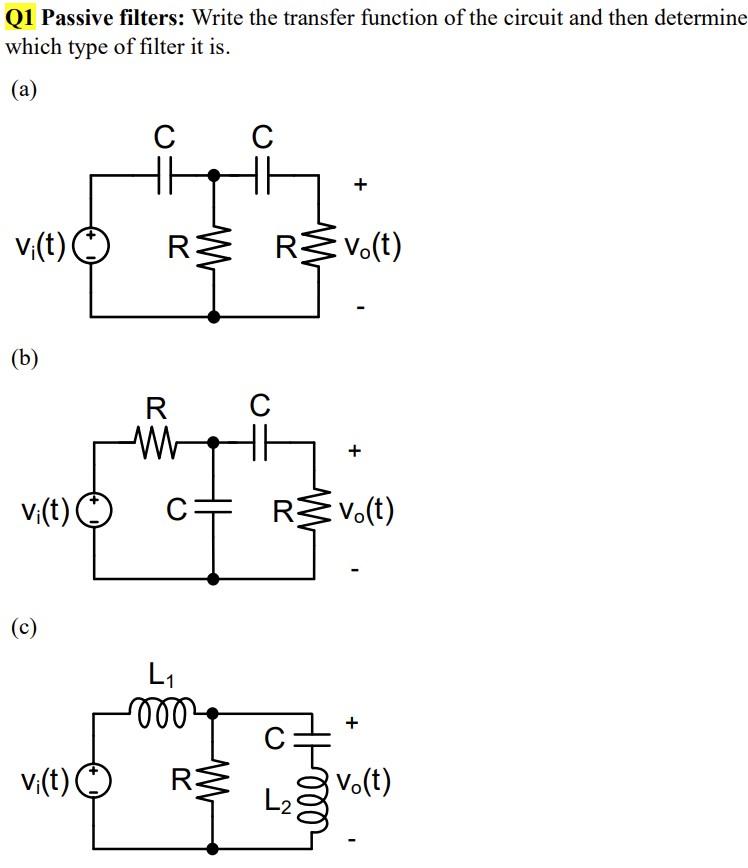 Solved Q1 Passive filters: Write the transfer function of | Chegg.com