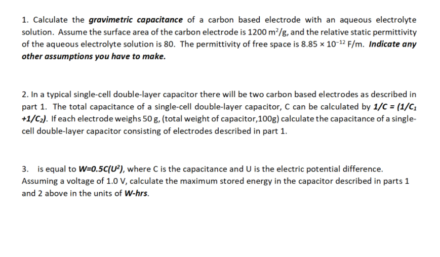 1. Calculate the gravimetric capacitance of a carbon | Chegg.com