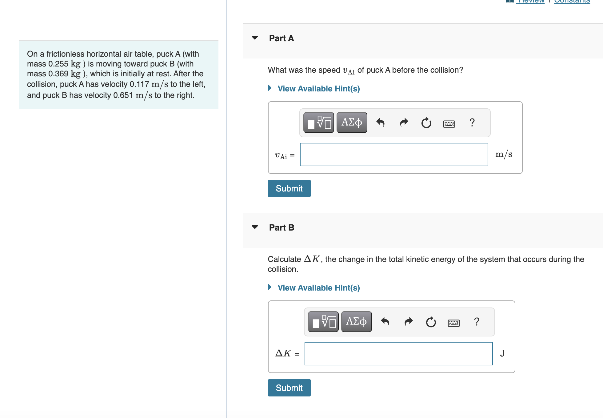 Solved On a frictionless horizontal air table, puck A (with | Chegg.com