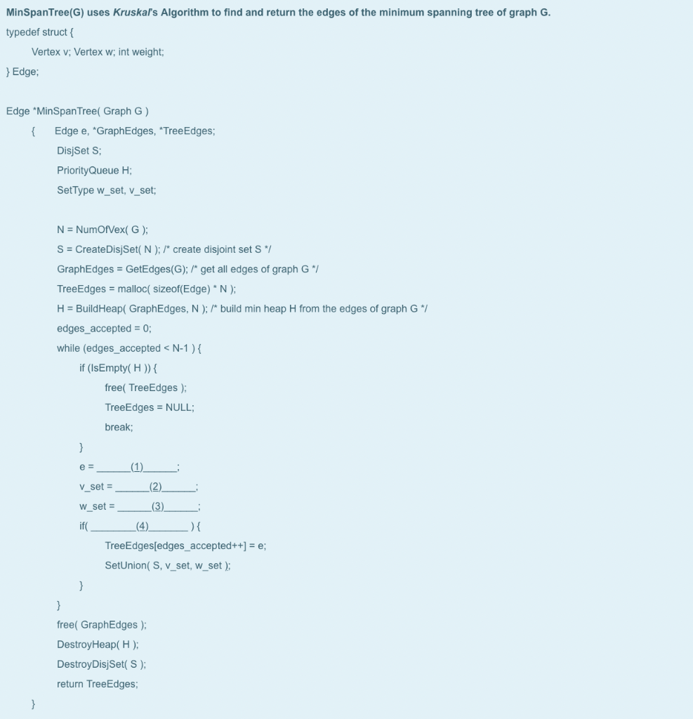 Solved MinSpanTree(G) uses Kruskal's Algorithm to find and | Chegg.com