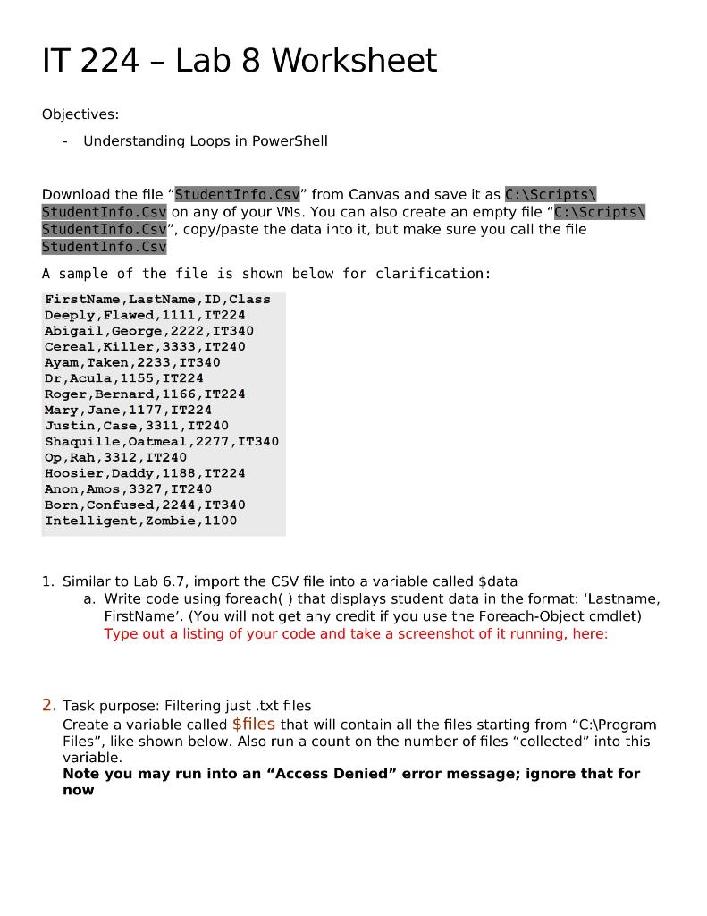 IT 224 - Lab 8 Worksheet Objectives: Understanding | Chegg.com