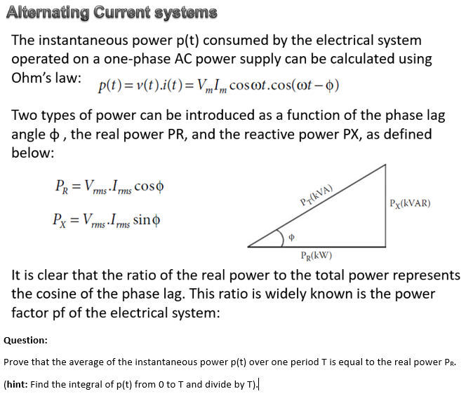 Solved Alternating Current systems The instantaneous power | Chegg.com