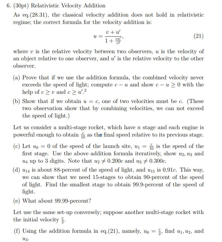 Solved 6. (30pt) Relativistic Velocity Addition As | Chegg.com